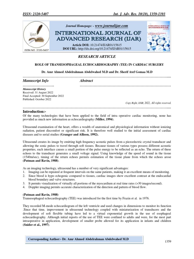 Role of Transesophageal Echocardiography (Tee) in Cardiac Surgery | PDF ...