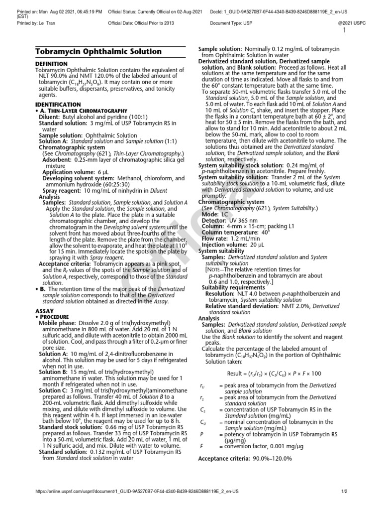 Tobramycin Ophthalmic Solution Analysis | PDF | Chromatography | Analysis