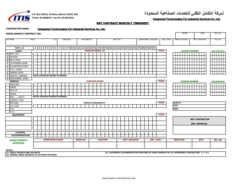 Itis Aramco Time Sheet | PDF | Vehicles | Private Transport
