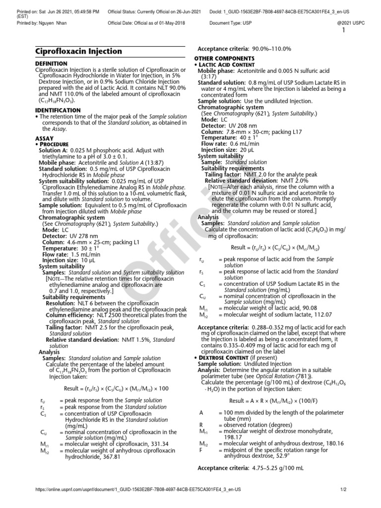 Ciprofloxacin Injection USP Monograph | PDF | Chromatography | Glucose