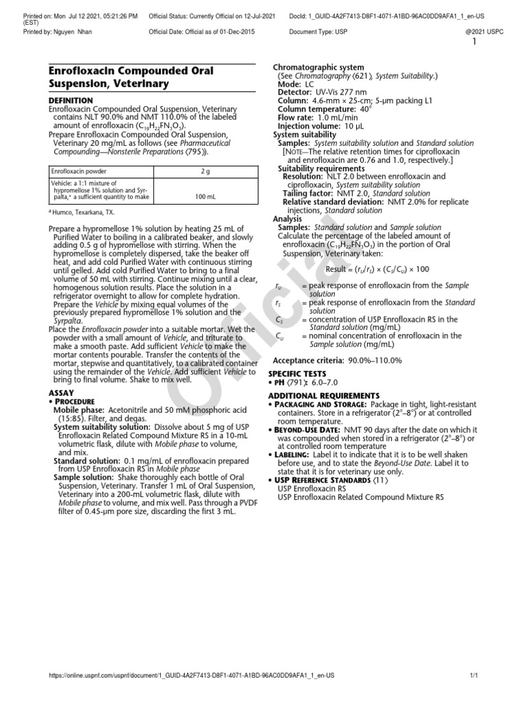 Enrofloxacin Veterinary Oral Suspension | PDF