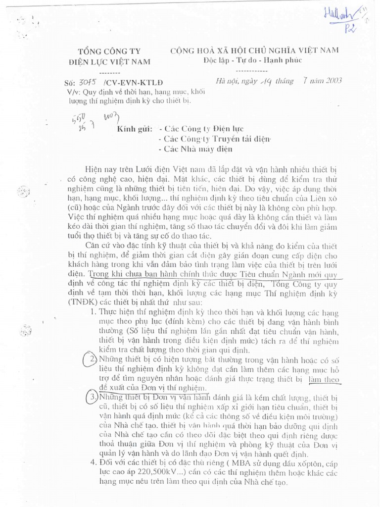 3075 - Quy Dinh Khoi Luong Va Hang Muc Thi Nghiem Thiet Bi Dien | PDF