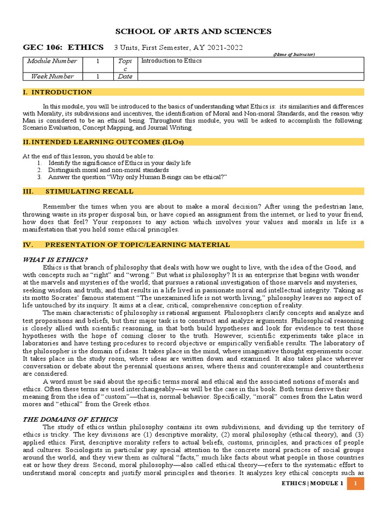 Ethics Module 1 - Introduction To Ethics | Download Free PDF | Morality | Reason