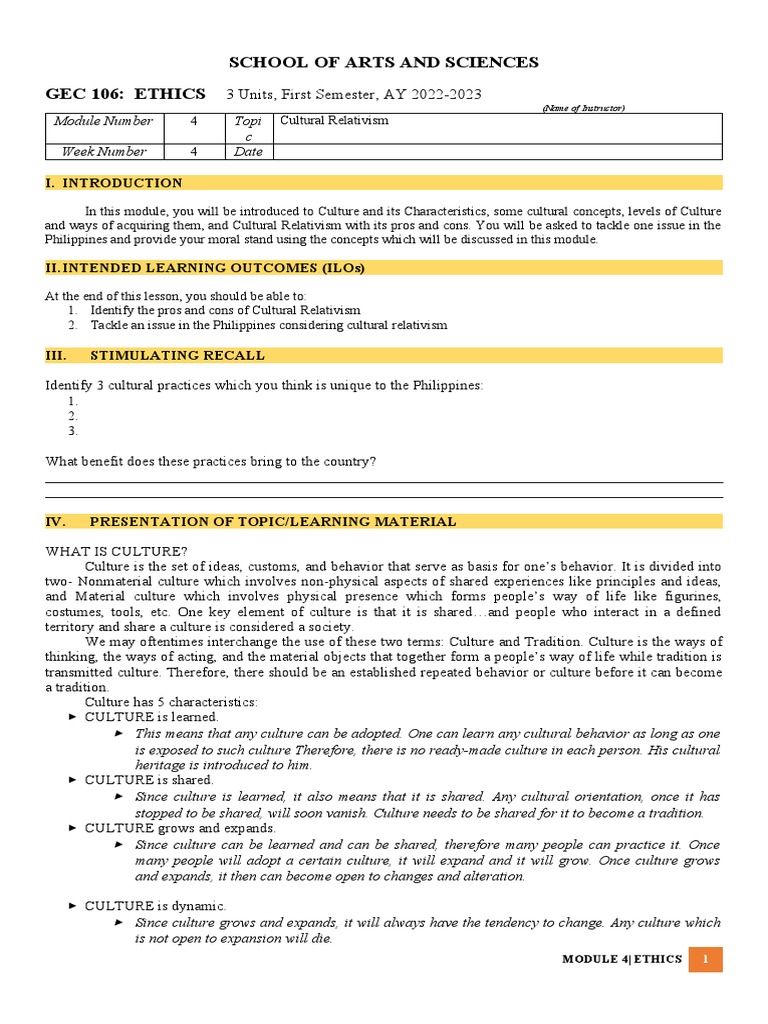 Ethics Module 4 - Cultural Relativism | PDF | Morality | Applied Ethics