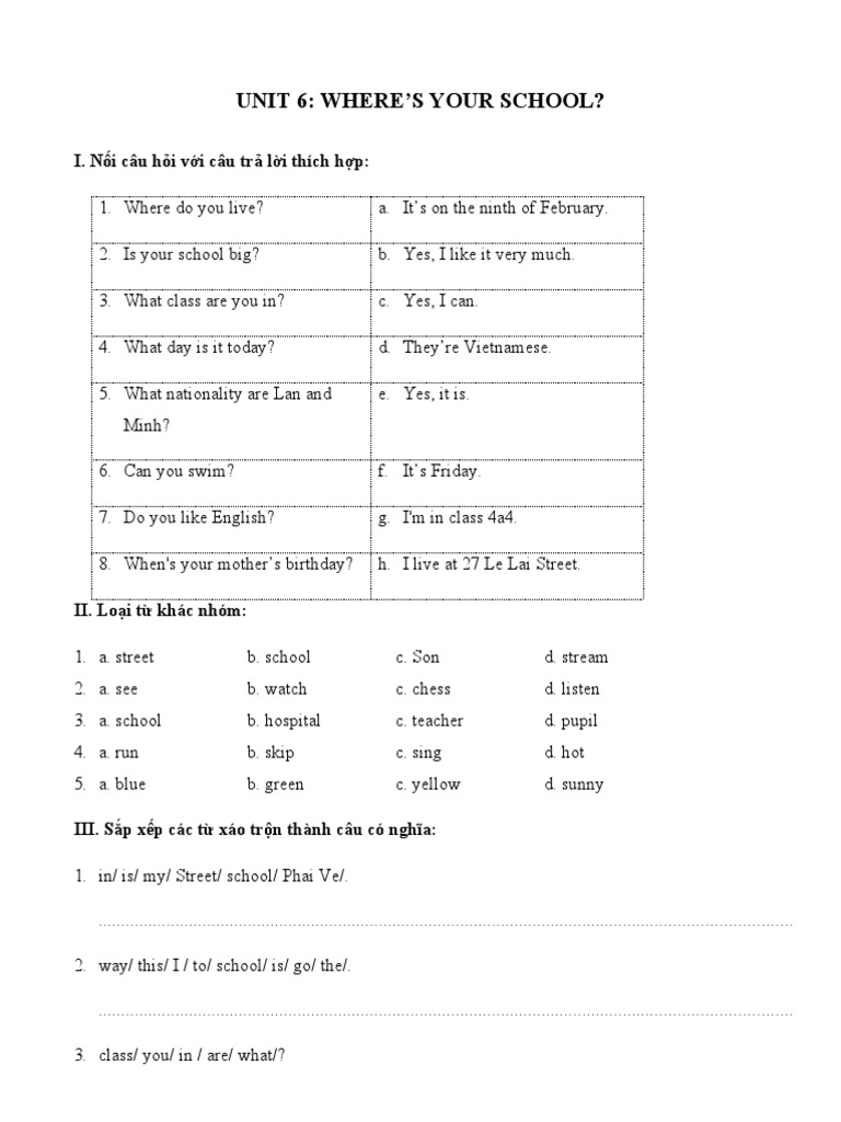 Trac Nghiem Tieng Anh Lop 4 Unit 6 Where S Your School | PDF | Vietnam | Southeast Asia