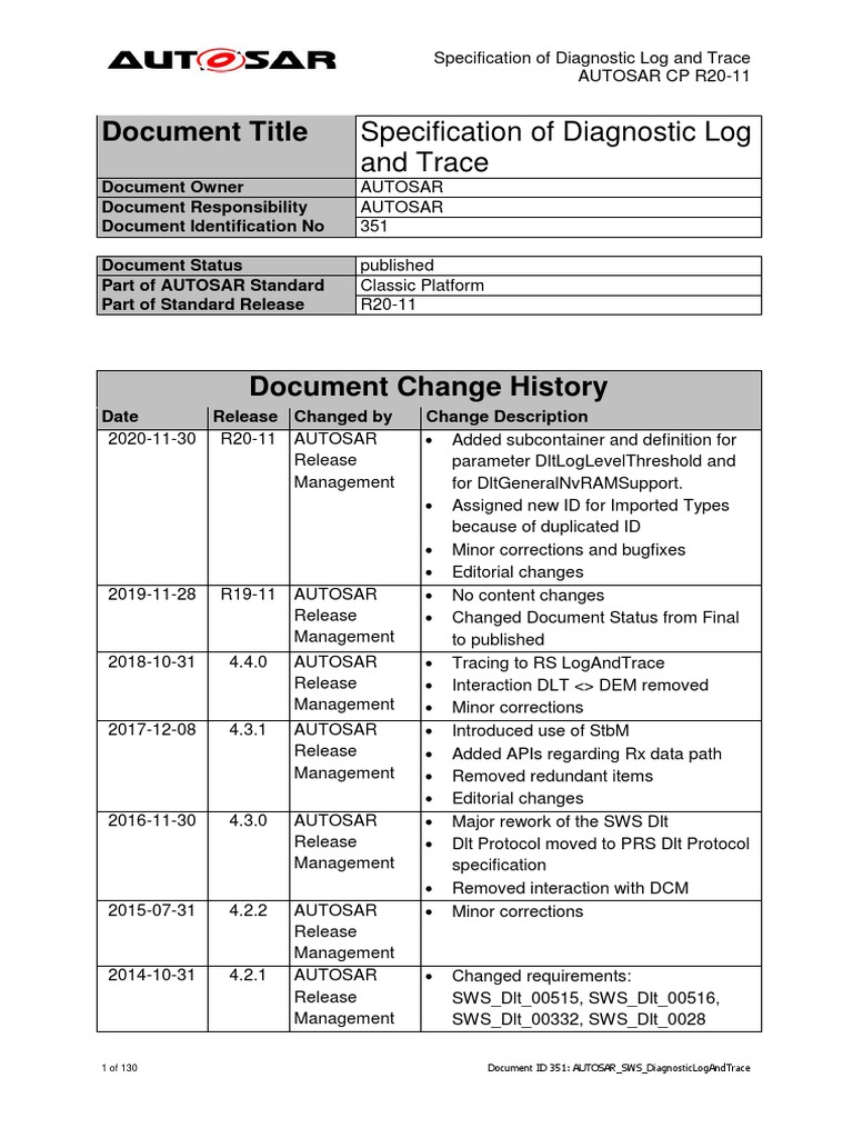 AUTOSAR SWS DiagnosticLogAndTrace | PDF | Specification (Technical Standard) | Parameter ...