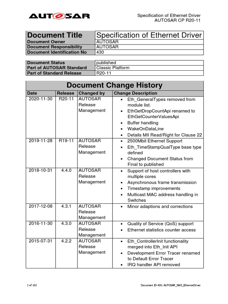Autosar Sws Ethernetdriver Pdf Device Driver Ethernet