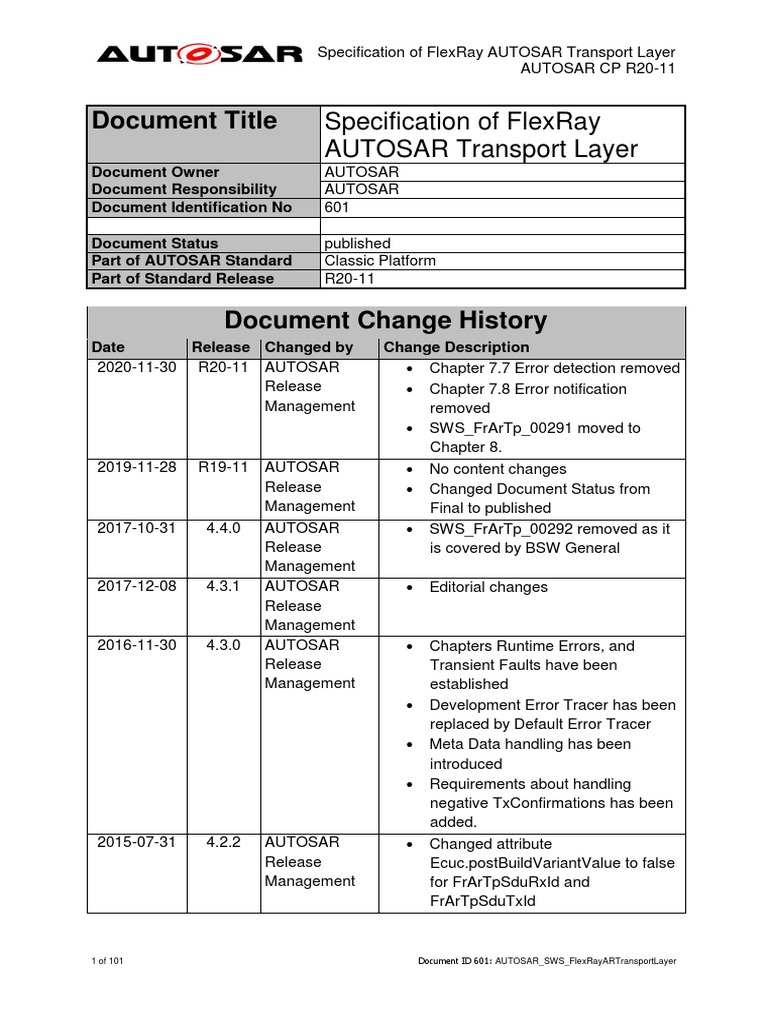 AUTOSAR SWS FlexRayARTransportLayer | PDF | Osi Model | Specification (Technical Standard)