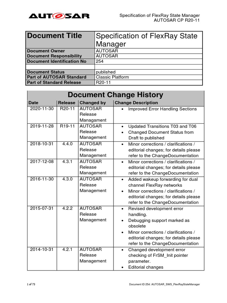 AUTOSAR SWS FlexRayStateManager | PDF | Specification (Technical Standard) | Boolean Data Type