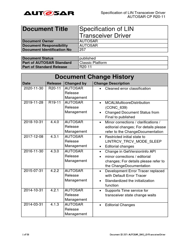 Autosar Sws Lintransceiverdriver Pdf Device Driver Microcontroller