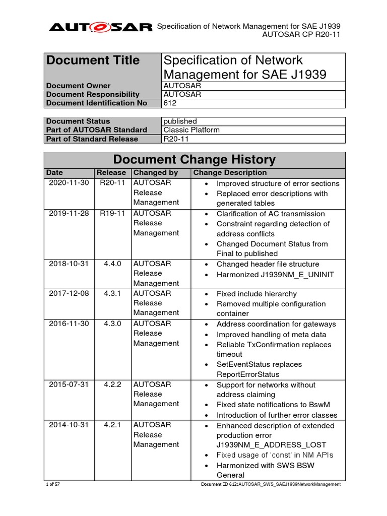 Autosar Sws Saej1939networkmanagement Download Free Pdf Specification Technical Standard