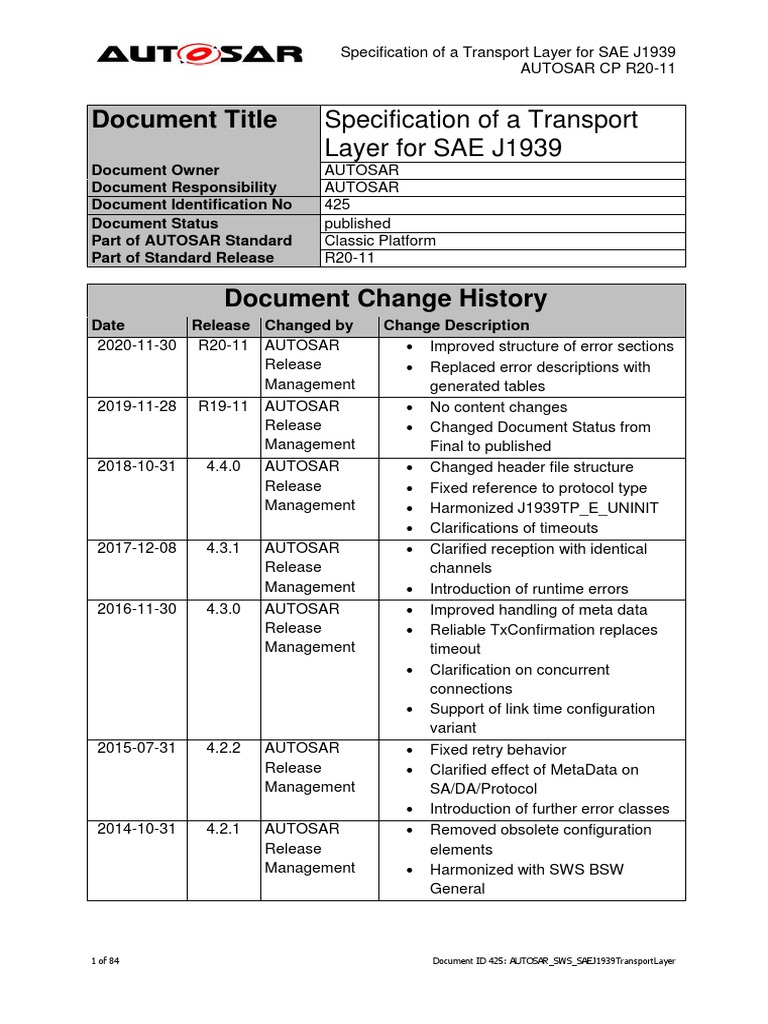 Autosar Sws Saej1939transportlayer Pdf Osi Model Specification