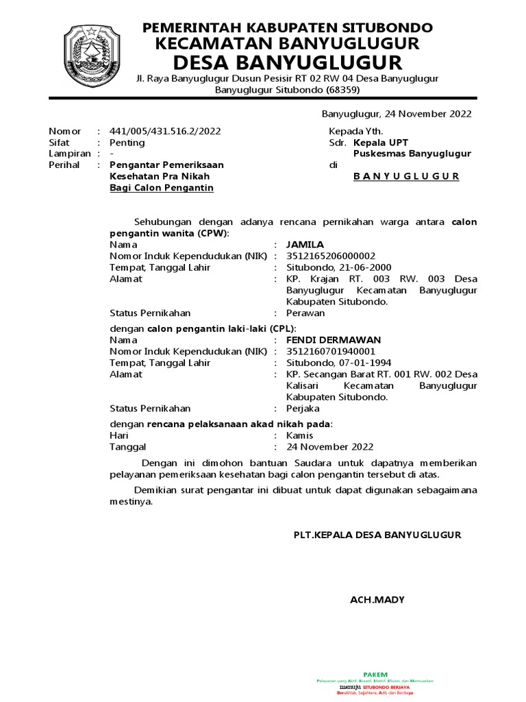 Surat Pengantar Pemeriksaan Kesehatan Catin | PDF