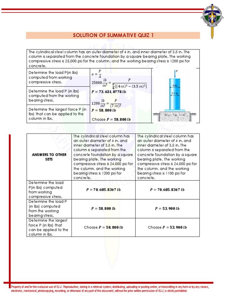 Ce 2211 - Solution of Summative Quiz 1 | PDF | Stress (Mechanics) | Column