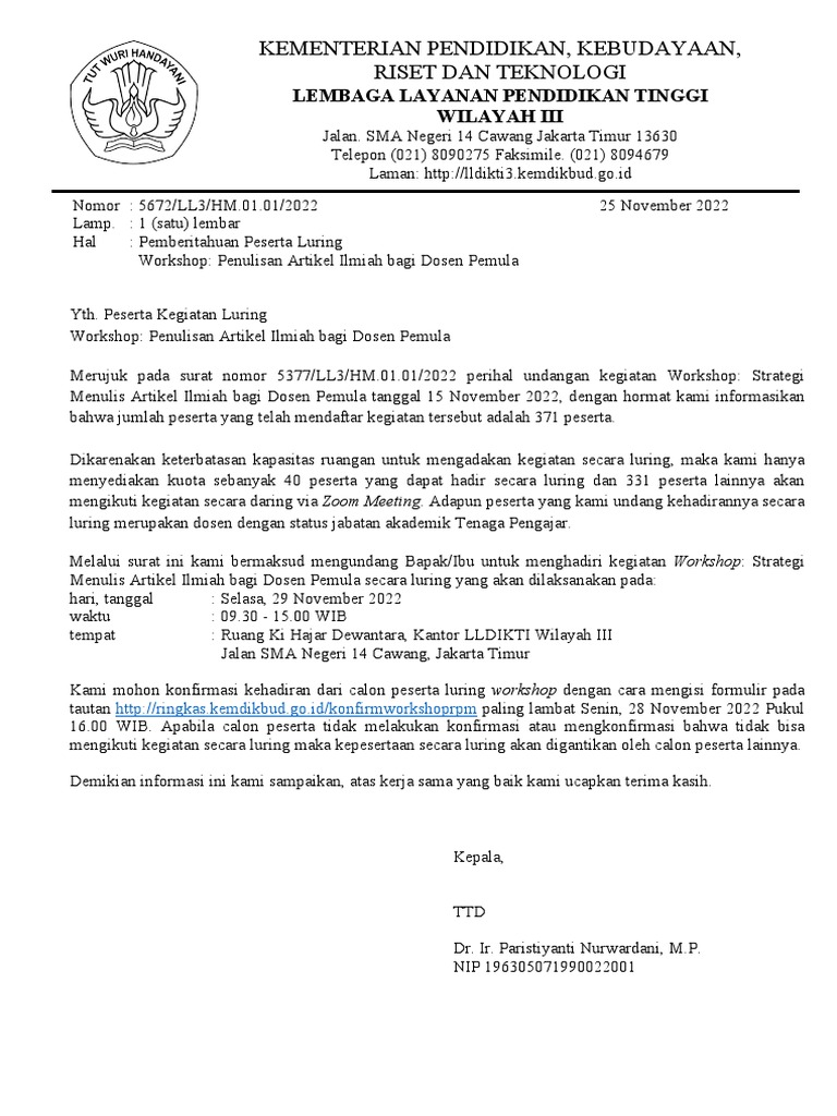 5672 Surat Undangan Peserta Luring Worksop Penulisan Artikel | PDF