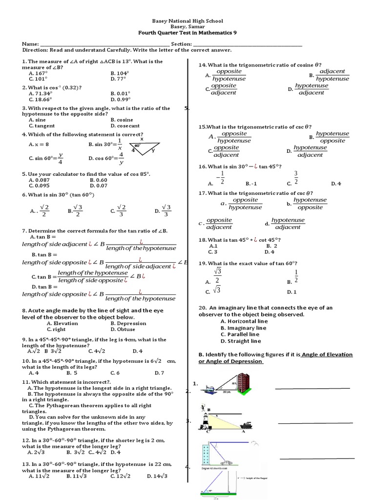Math 9 Fourth Quarter Test Basey High | PDF | Trigonometric Functions ...