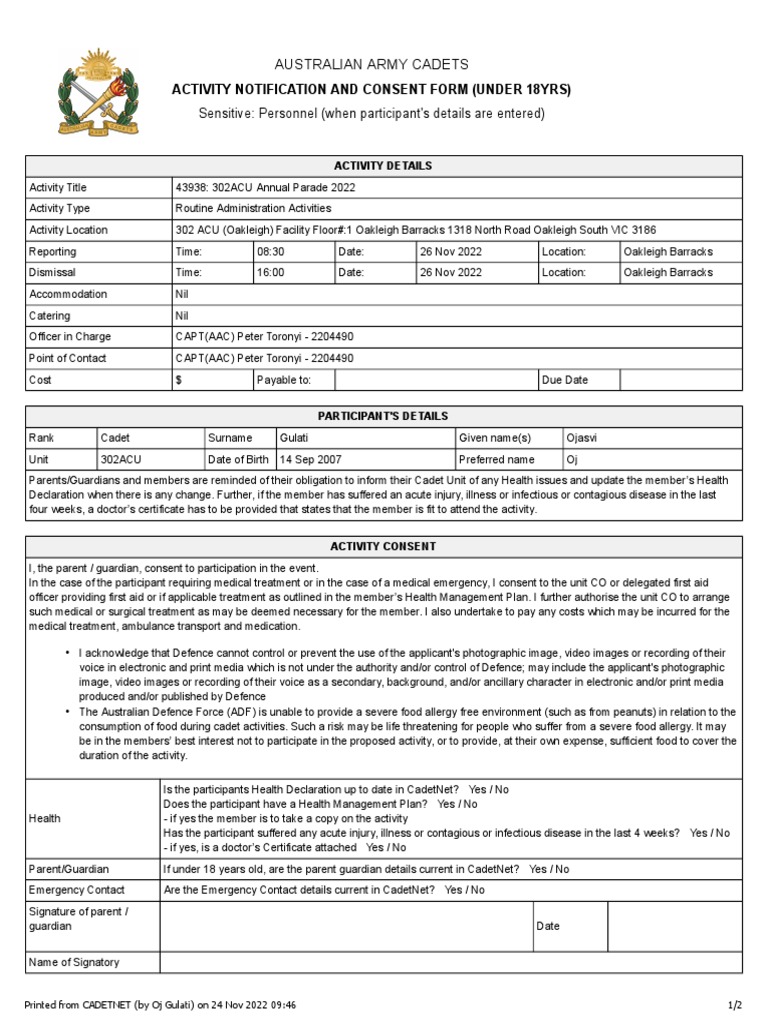 Australian Army Cadets Consent Form | PDF | Health Sciences | Medical ...