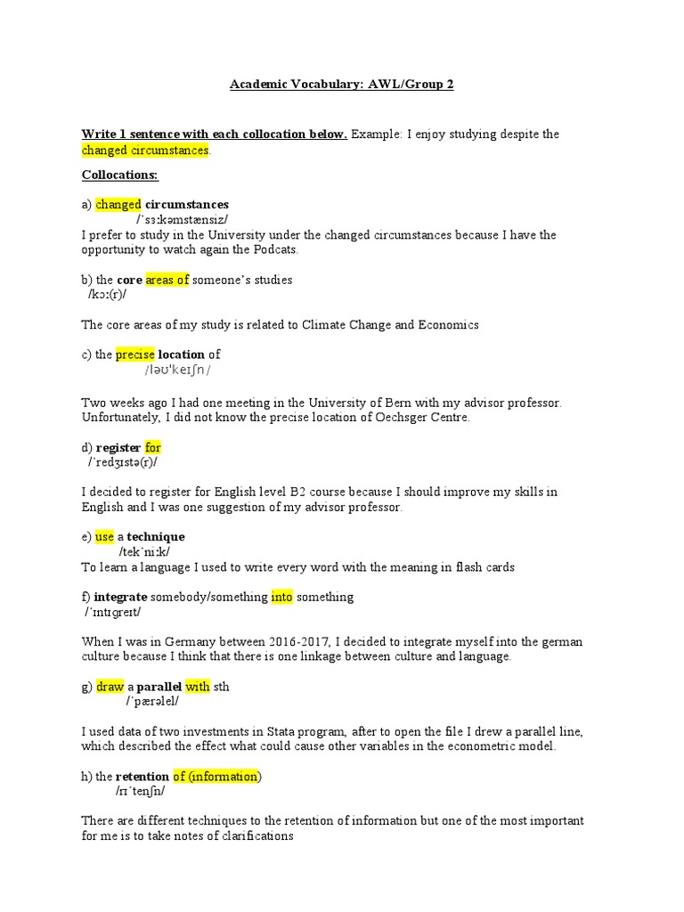 Writing Sentences With AWL Group 2 | PDF