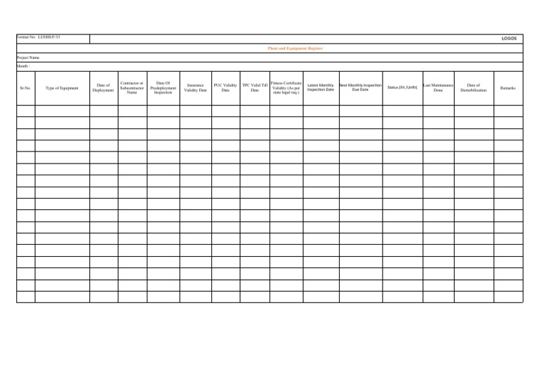Plant and Equipment Register Template | PDF