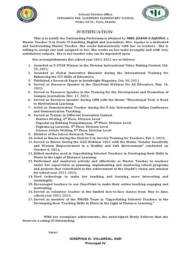 Justification For Outstanding Rpms 2021 2022 Aquino | PDF | Teachers ...