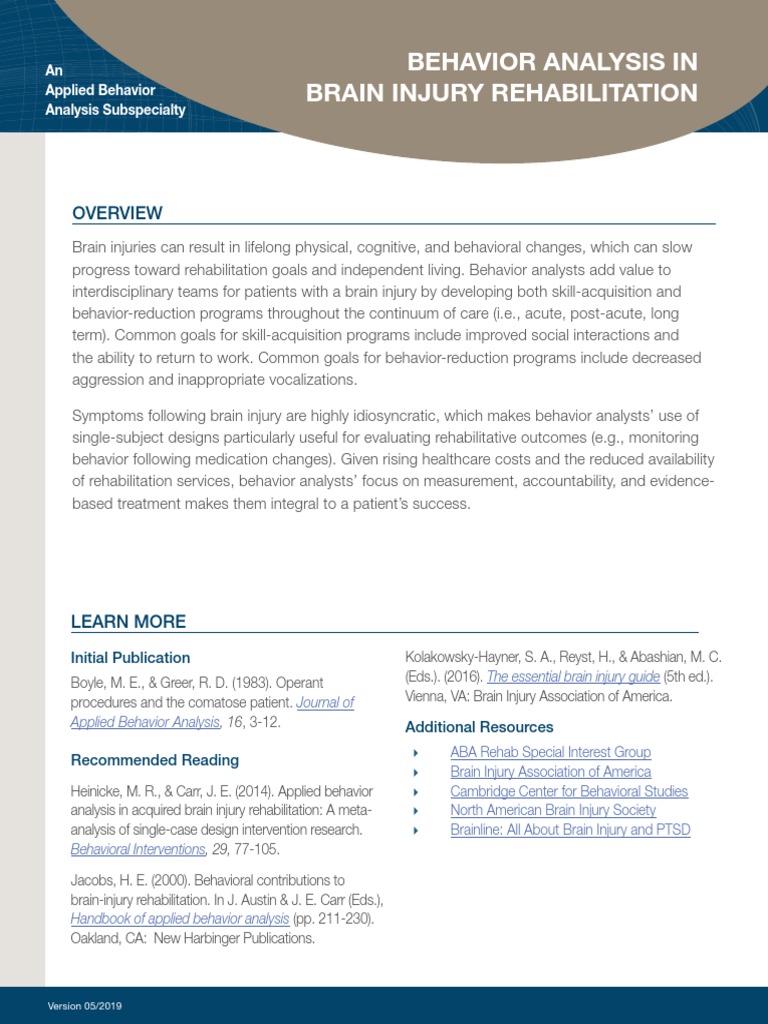 Behavior Analysis in Brain Injury Rehabilitation Fact Sheet - 190520 ...