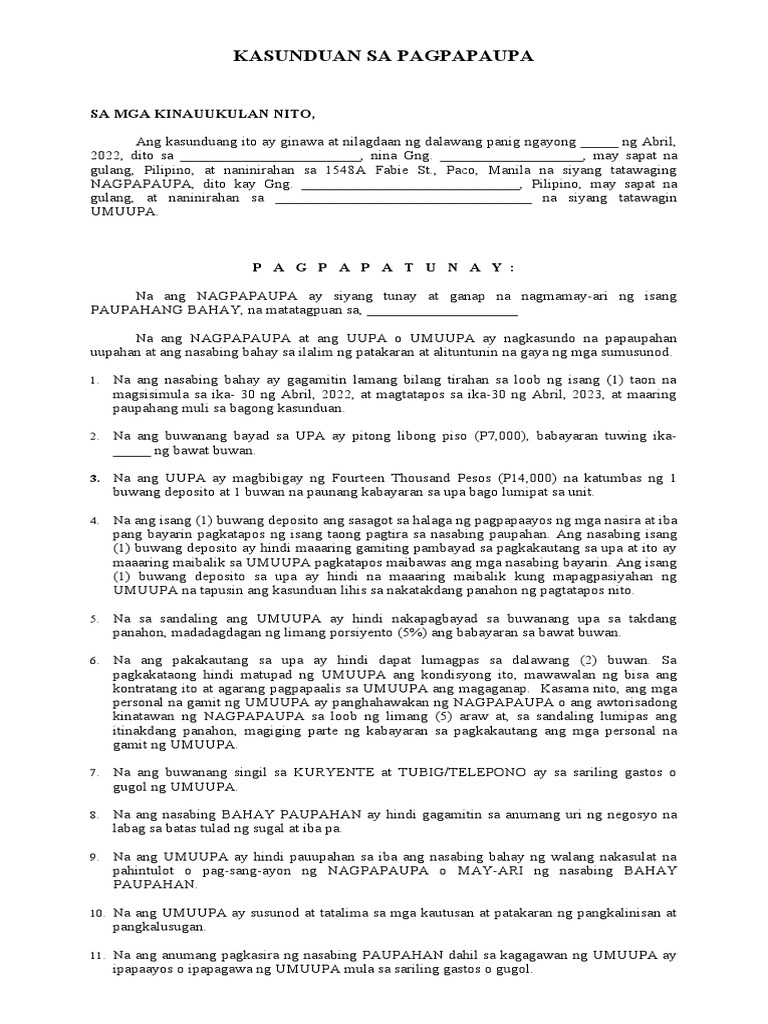 Kasunduan Sa Paupahan | PDF