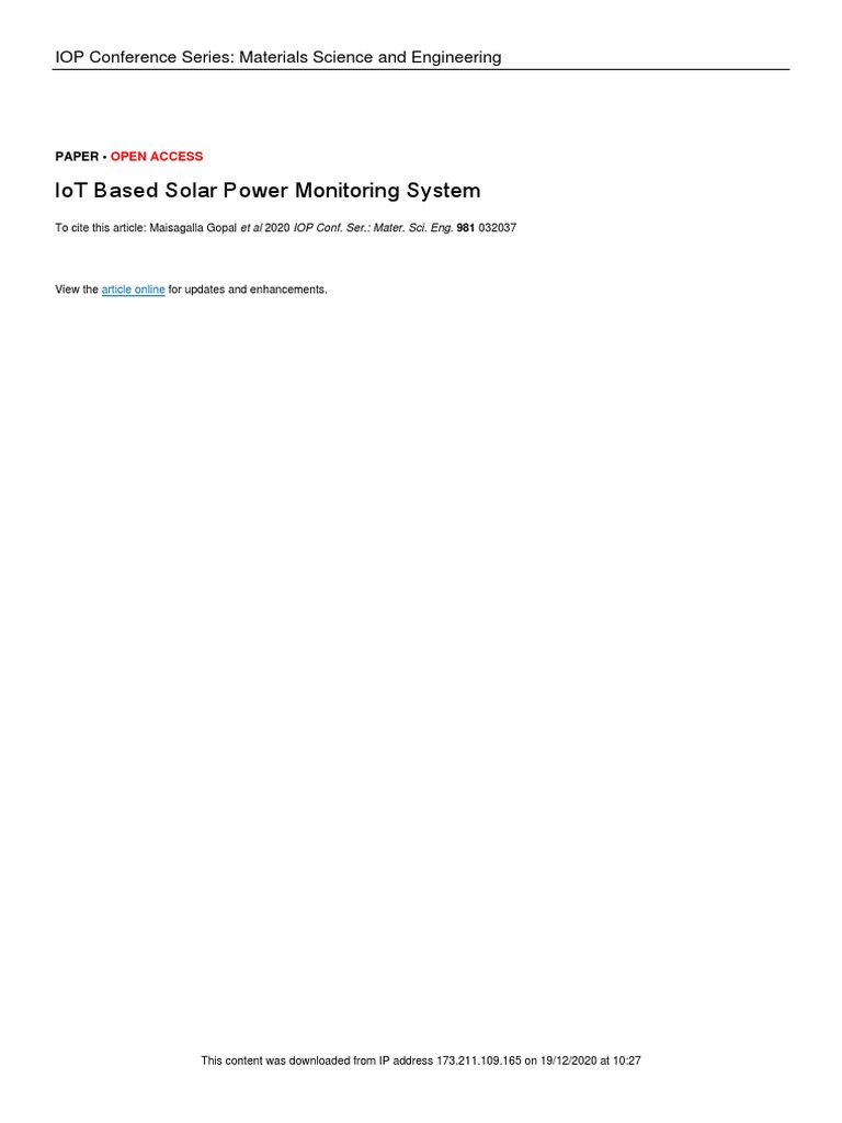 IoT Based Solar Power Monitoring System | PDF | Power Supply | Photovoltaics