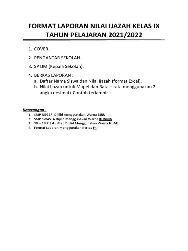 Format Laporan Nilai Ijazah Kelas Ix | PDF