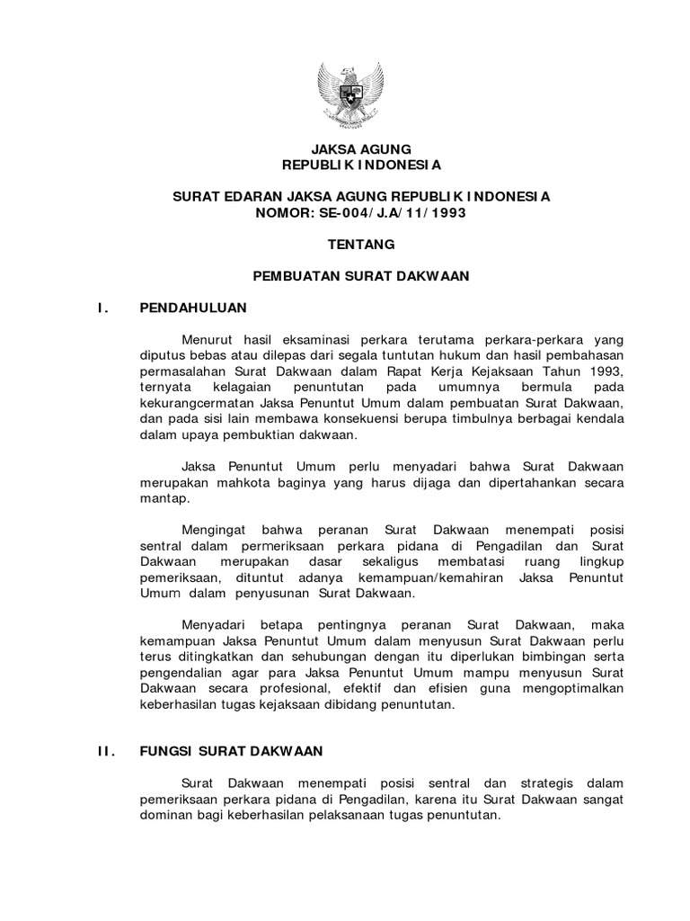 Surat Edaran Jaksa Agung Ri Nomor Se-004j.a111993 Tentang Surat Dakwaan | PDF