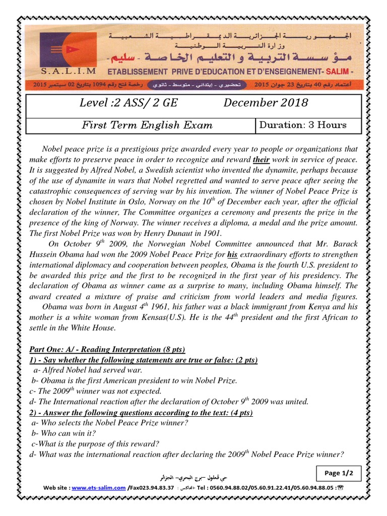 Dzexams 2as Anglais 431252 | PDF | Nobel Prize | Linguistics