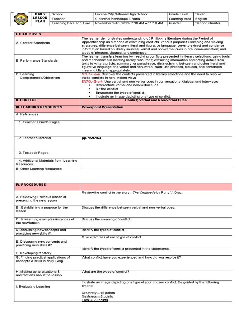 Grade 7 English Lesson Plan on Conflict | PDF | Learning | Nonverbal ...