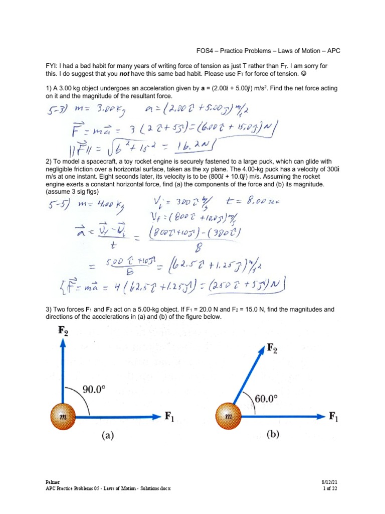 Apc Practice Problems 05 - Laws of Motion - Solutions | PDF | Force ...