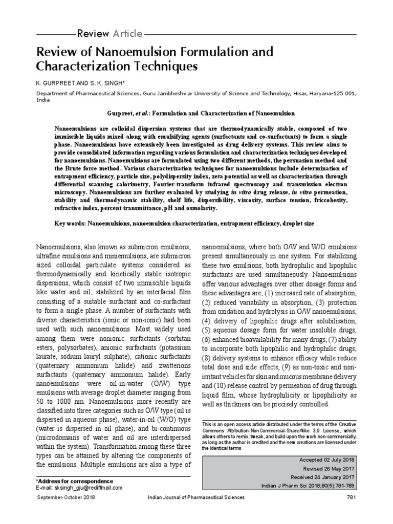 Review of Nanoemulsion Formulation and Characterization Techniques ...