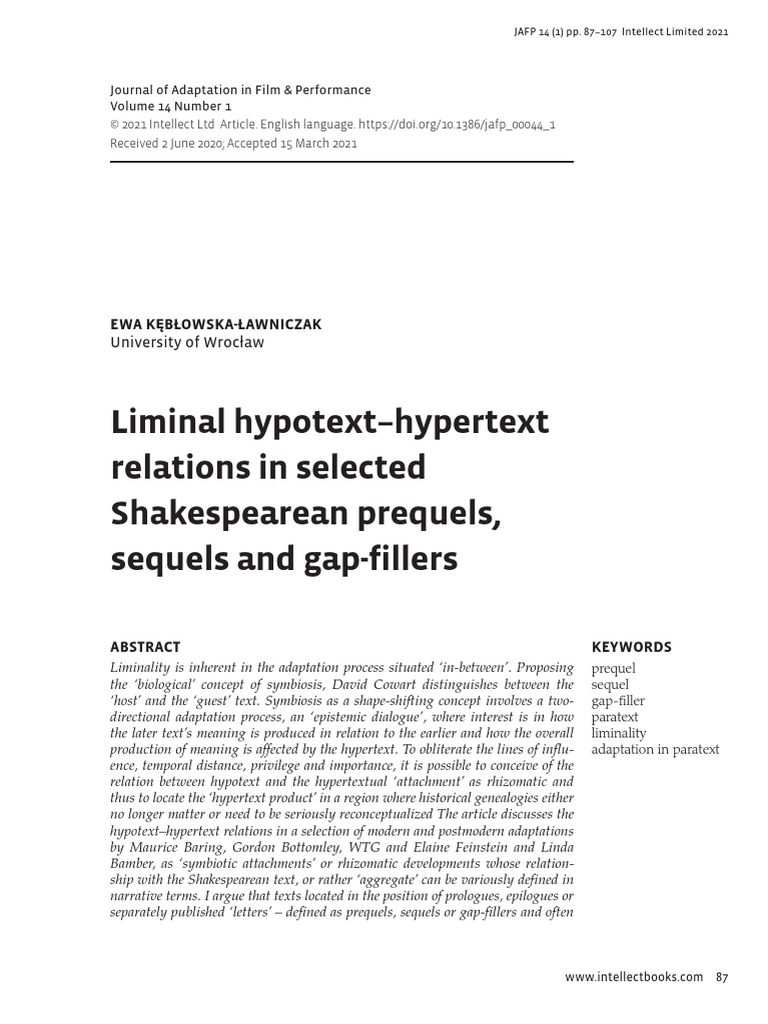 Liminal Hypotext-Hypertext Relations in Selected Shakespearean Prequels, Sequels and Gap-Fillers ...