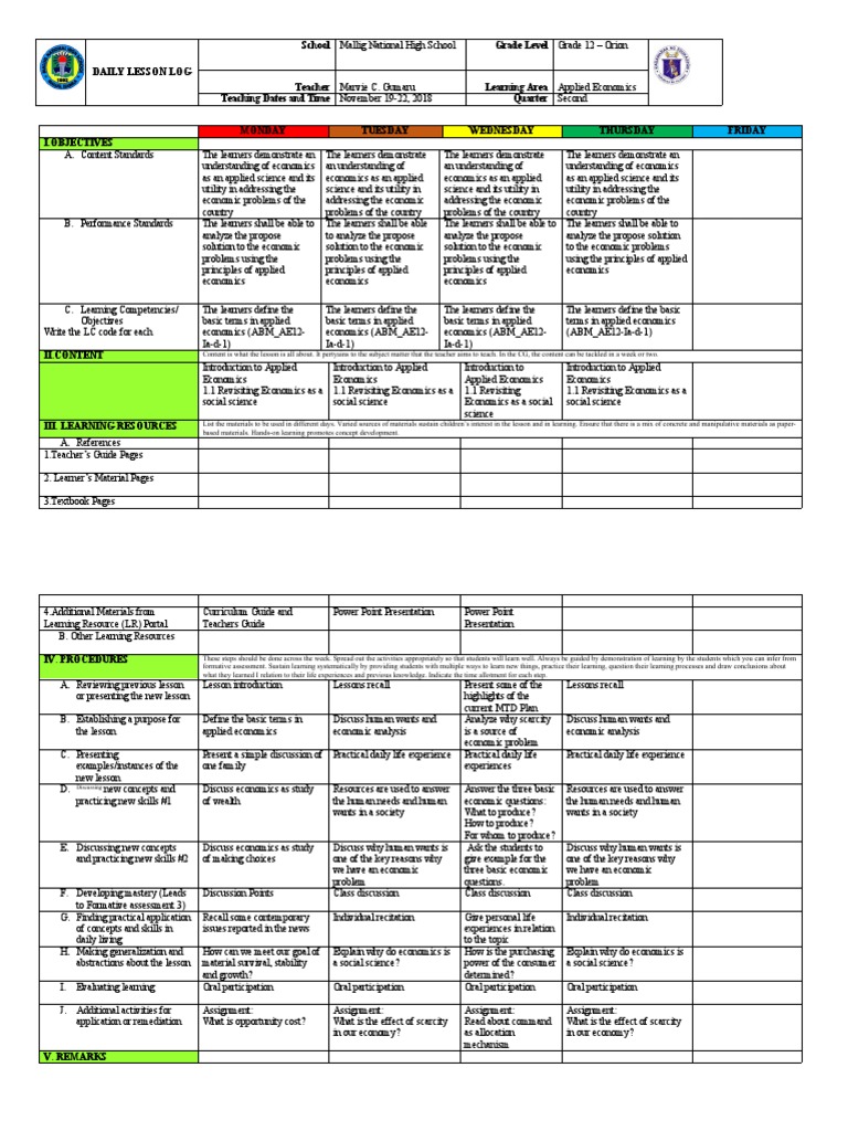 Grade 12 Applied Economics Lesson Plan | PDF | Teaching Method | Learning