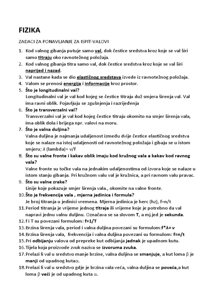 Fizika Zadaci Za Ponavljanje Za Ispit Valovi | PDF