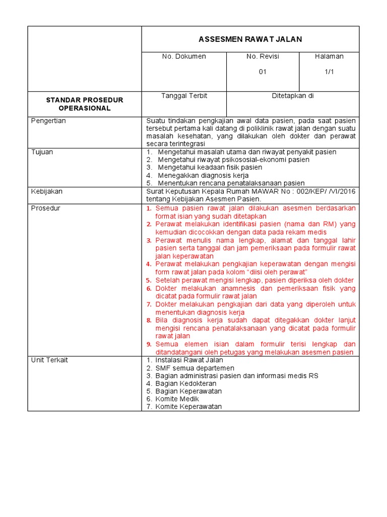 AP. 1 SPO Assesmen Rawat Jalan (Proses Penilaian Awal Medis Dan Keperawatan Rawat Jalan) | PDF