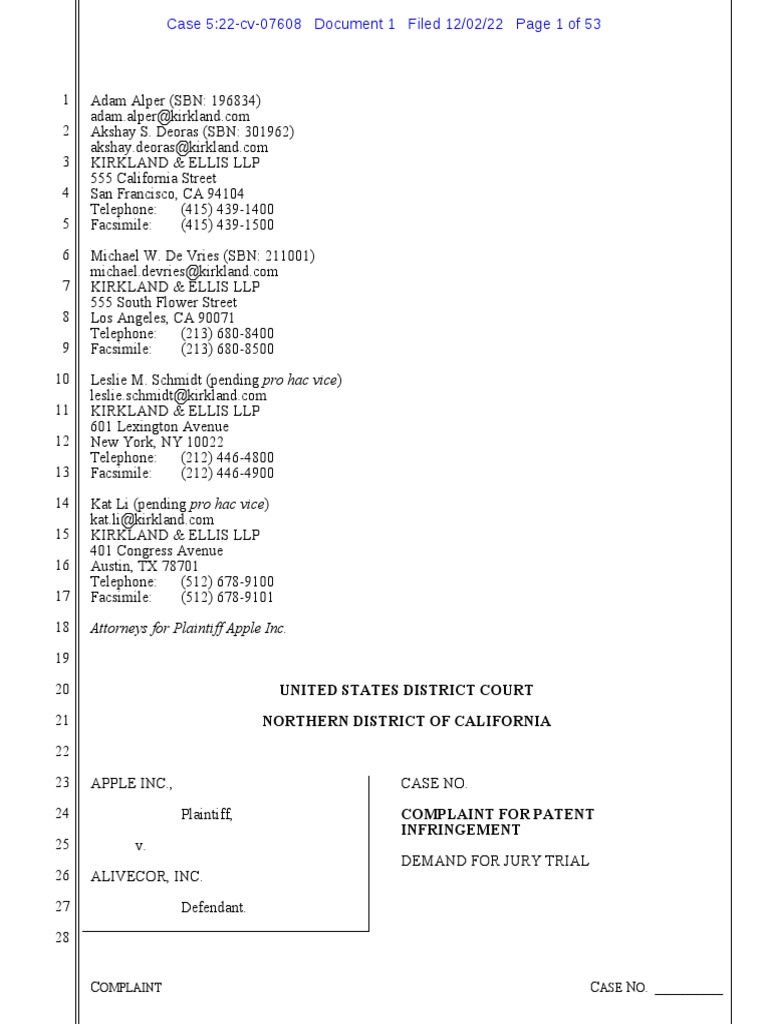 Apple Inc. v. AliveCor, Inc, Patent Infringement Lawsuit | PDF | Patent ...