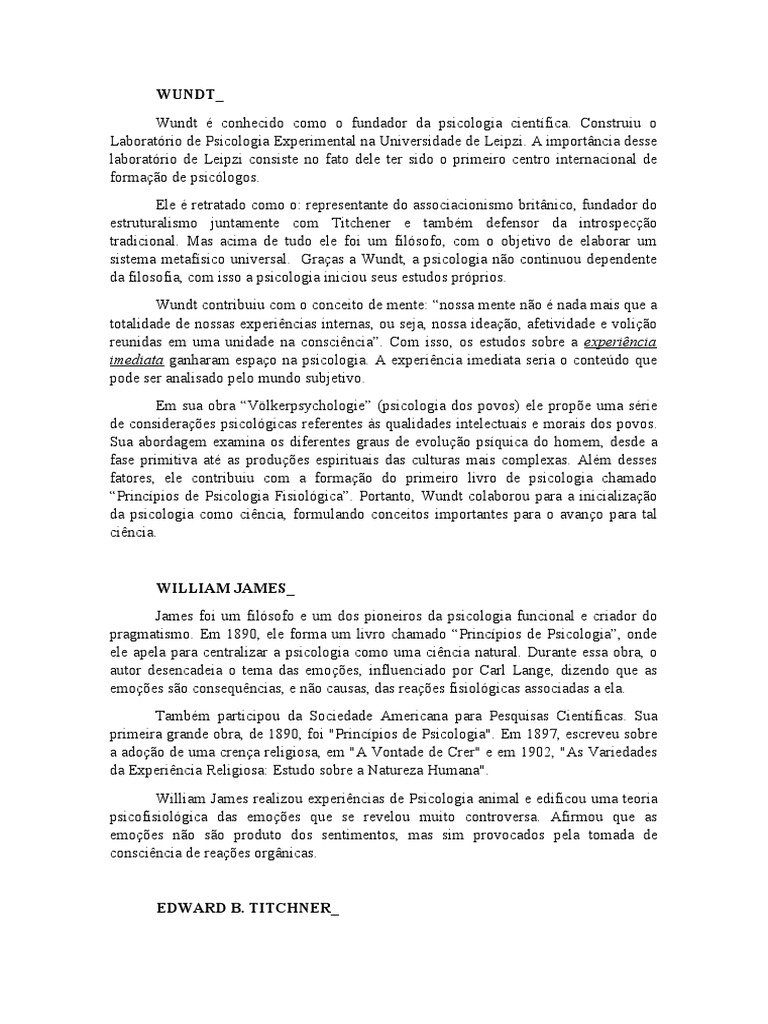 Wundt, James, Titchener e Thorndike: pioneiros fundadores da psicologia ...