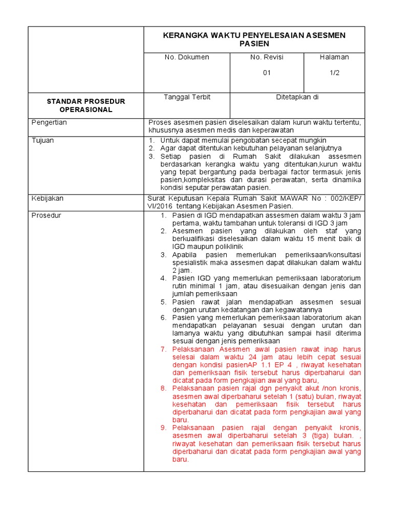 AP1.4 SPO Kerangka Waktu Penyelesaian Asesmen Pasien | PDF
