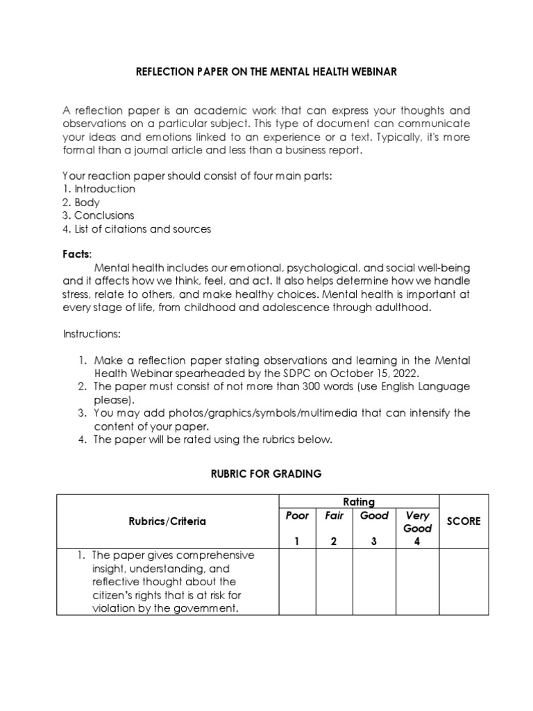 CWTS-11-Rubric-for-NSTP-Reflection Paper of The Mental Health Webinar ...