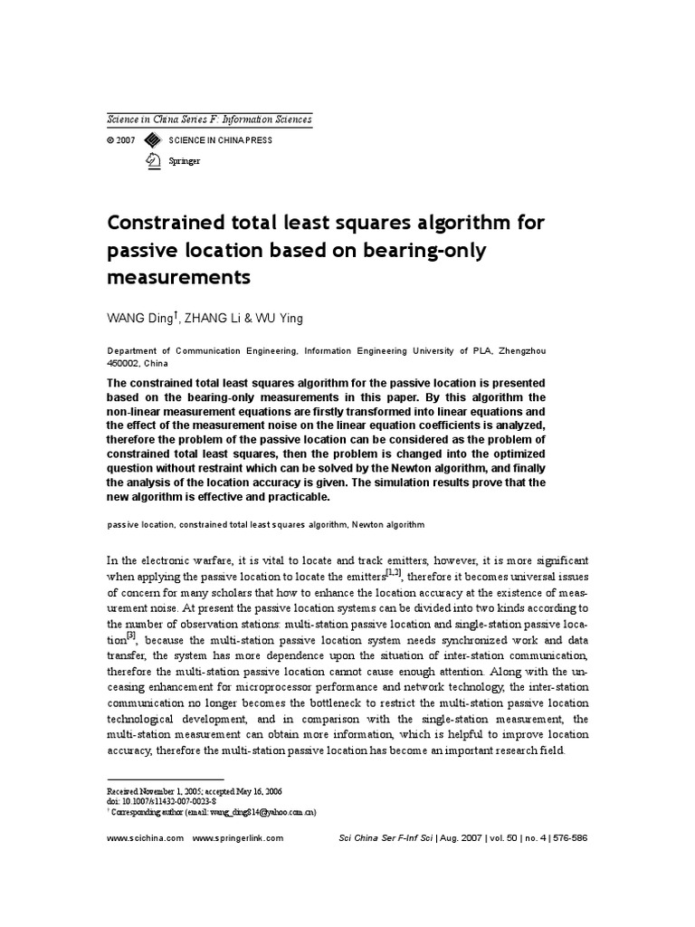 Constrained Total Least Squares Algorithm For Passive Location Pdf Least Squares Errors 5929