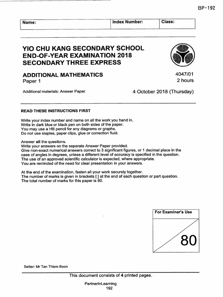 A Math Sec 3 Sa2 2018 Yio Chu Kang Sec Pdf