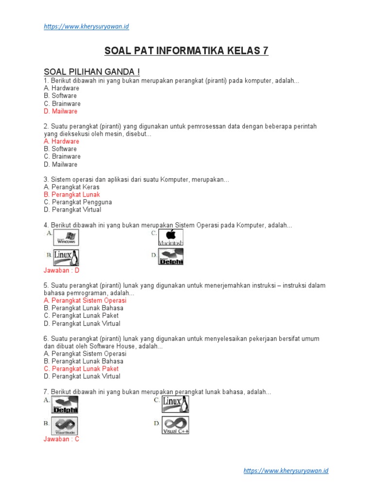 Soal & Jawaban Pat Informatika Kelas 7 - WWW - Kherysuryawan.id | PDF