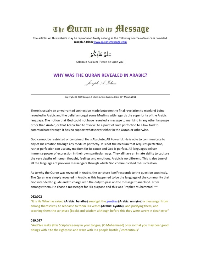 Why Was The Quran Revealed in Arabic | PDF | Prophets And Messengers In ...