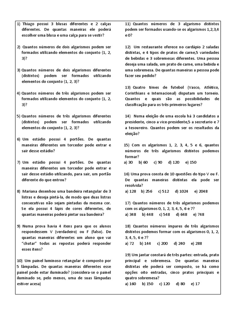 Exercícios Principio Fundamental Da Contagem (Alunos) | PDF