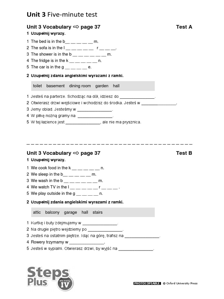 Steps Plus4 - Five Minute Test - Unit 3 | PDF