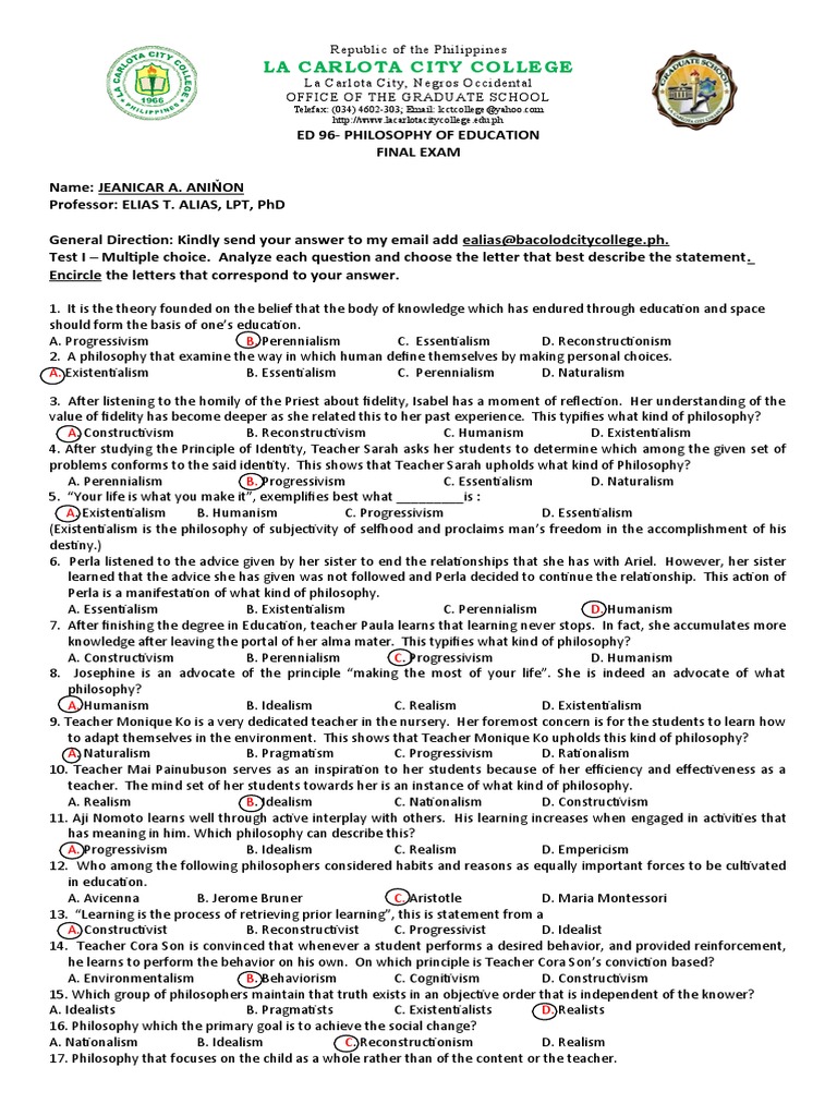 EDUC-96-Philosophy-of-Education-Final-Exam (Jeanicar Aninon) | Download Free PDF ...