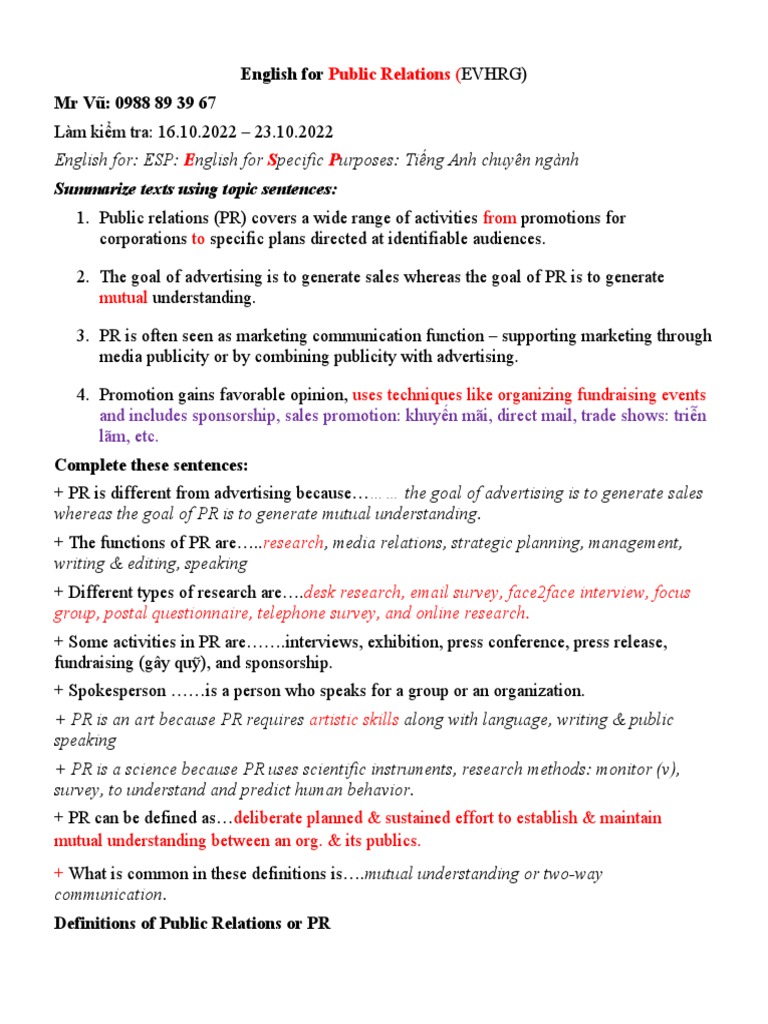 English For Public Relations Notes - Lop 5C | PDF
