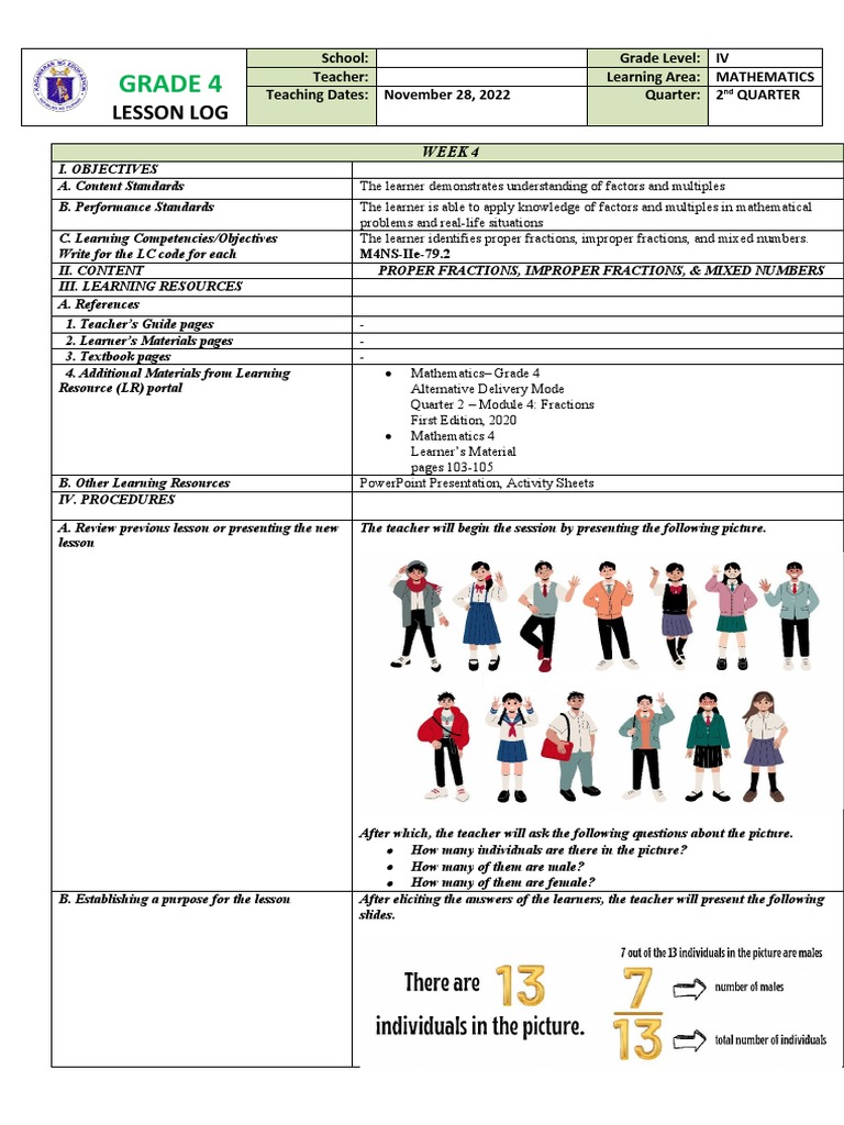 Dll-Mathematics 4 - Fractions | PDF | Learning | Teachers